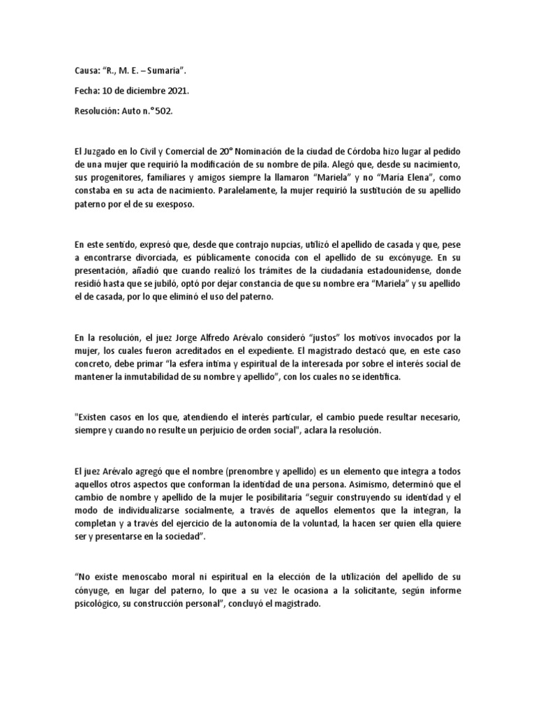 Nota Sobre El Fallo. Rectificacion Del Nombre. Apellido de Casada | PDF