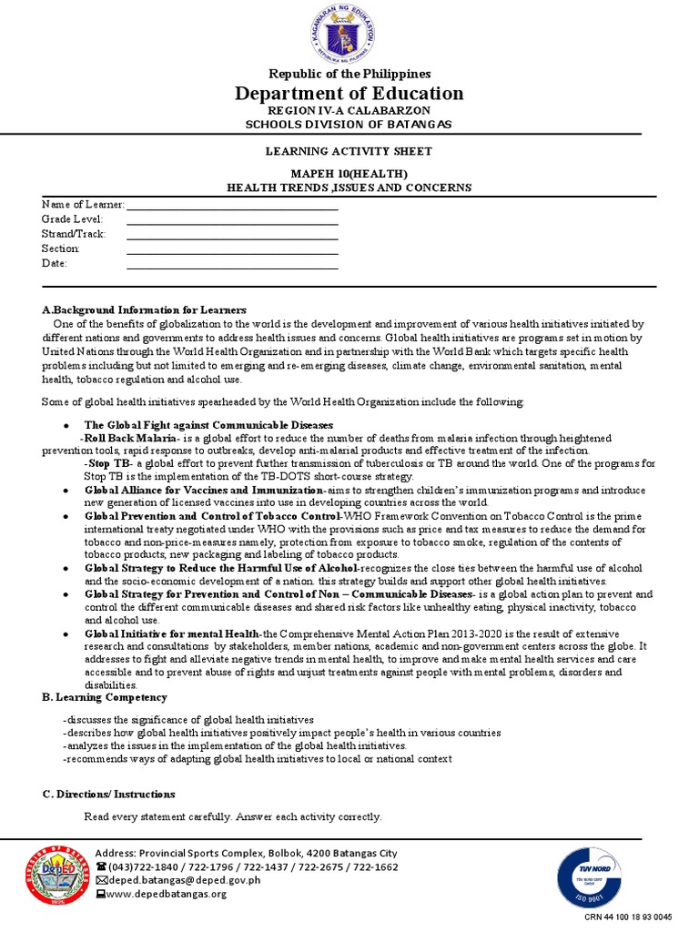 Mapeh 10 (Health) Las Q3week 1 and 2 | PDF | Tuberculosis | World Health Organization