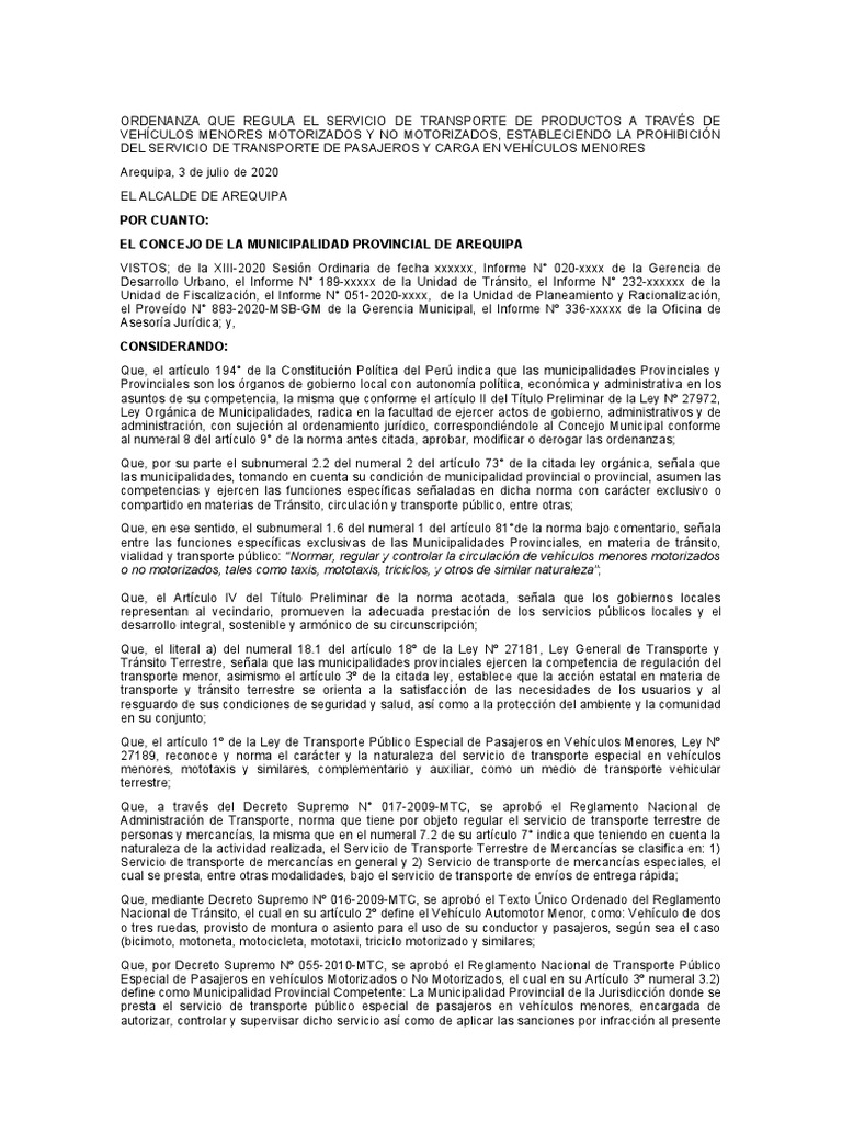 Ordenanza Que Regula El Servicio de Transporte de Productos A Través de Vehículos Menores ...