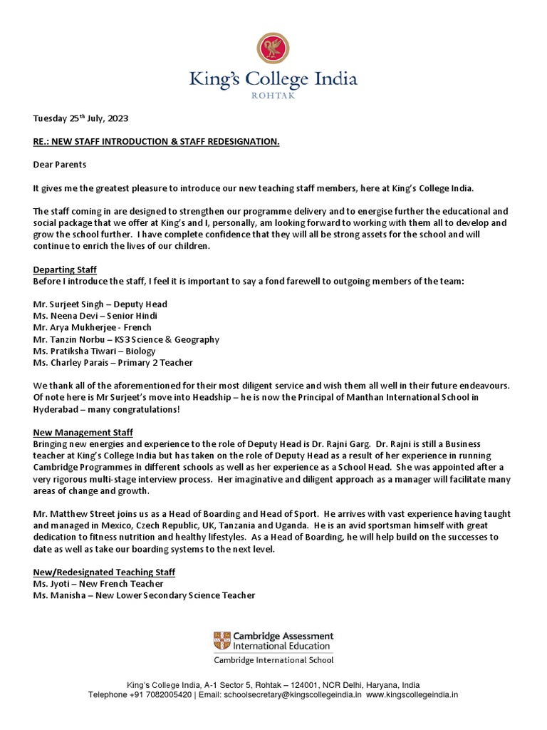 New Staff Introduction Letter | PDF