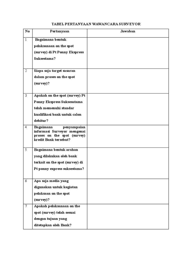 Tabel Pertanyaan Wawancara Surveyor | PDF