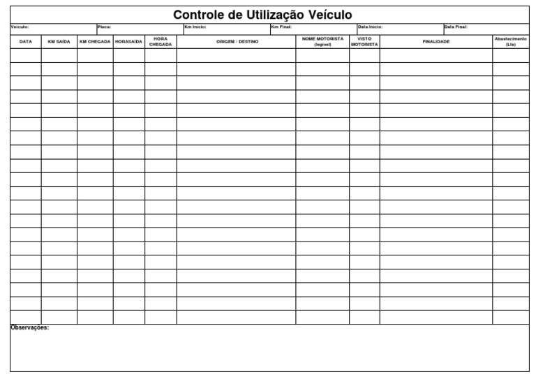 Planilha Controle Utilização Veículo Pdf