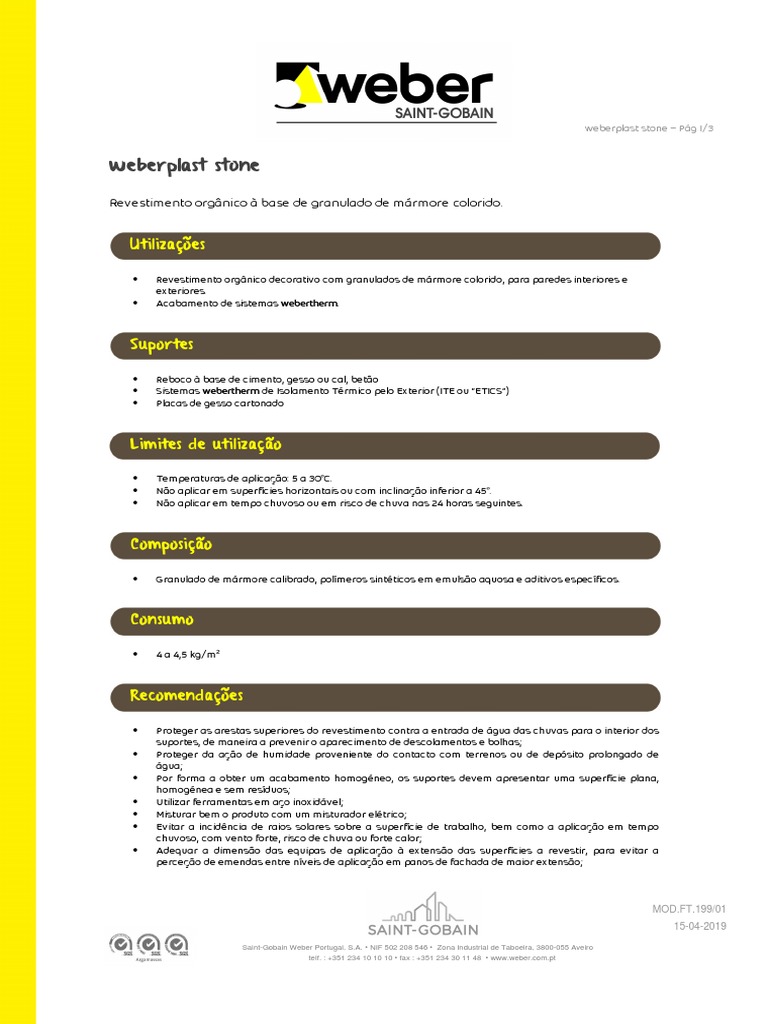 Ficha Técnica do Weberplast Stone | PDF