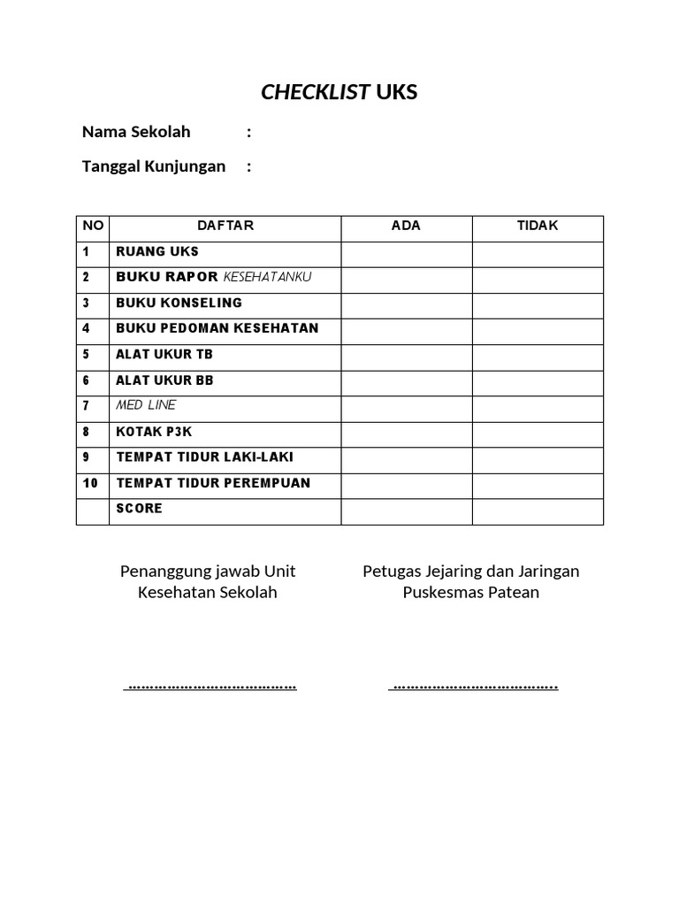 Checklist Pembinaan Uks | PDF