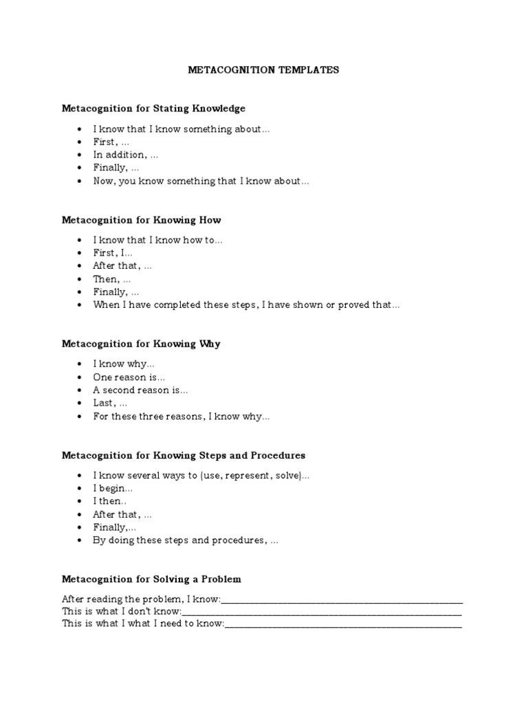 Metacognition Template | PDF
