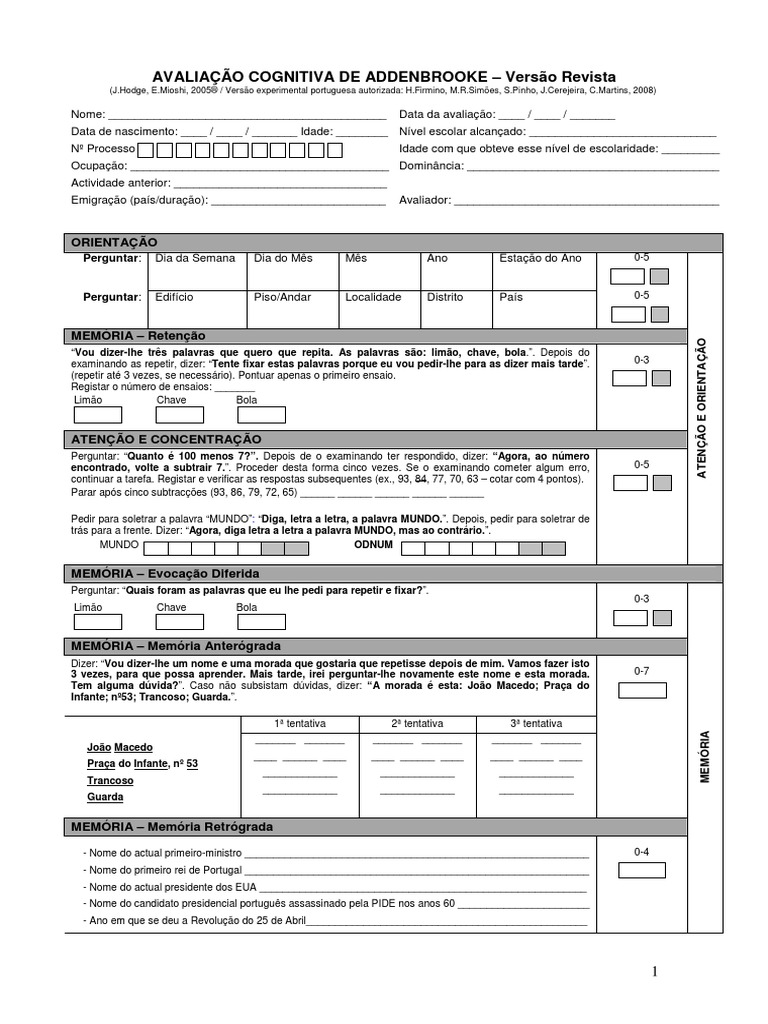 Avaliação Cognitiva de Addenbrooke PT | PDF