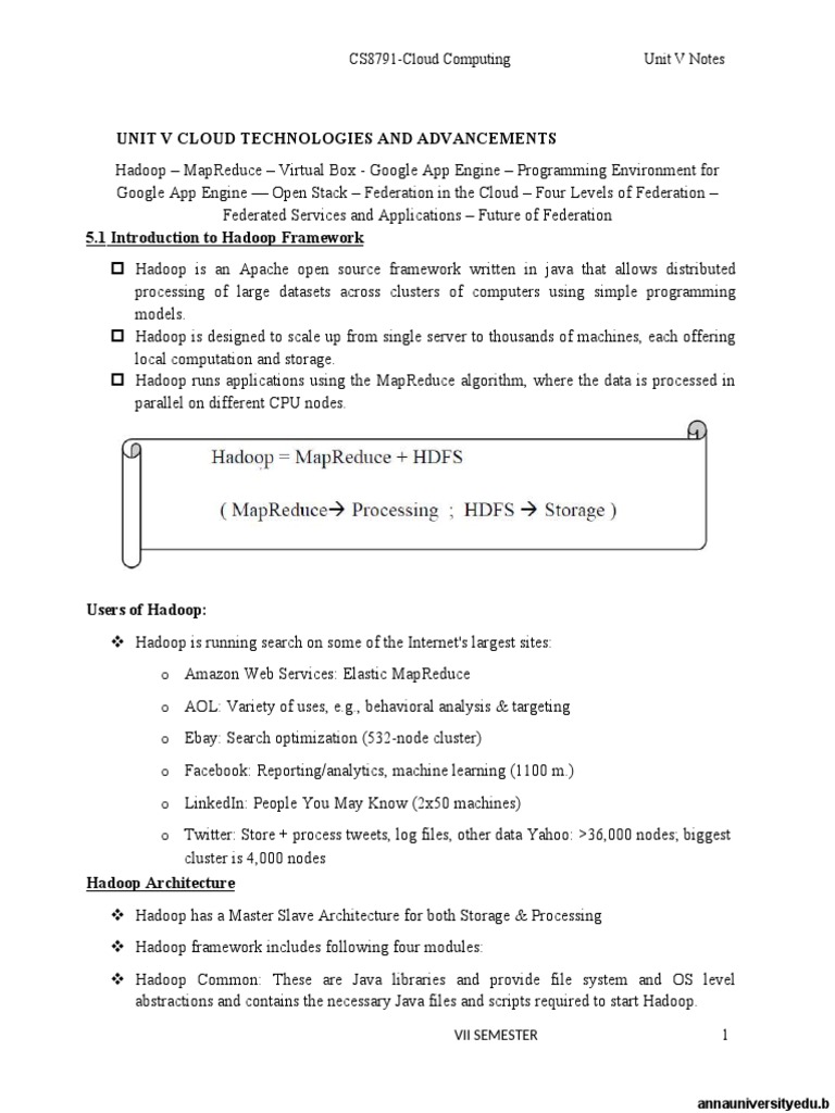 Cloud Computing - Unit 5 Notes | PDF | Apache Hadoop | Open Stack