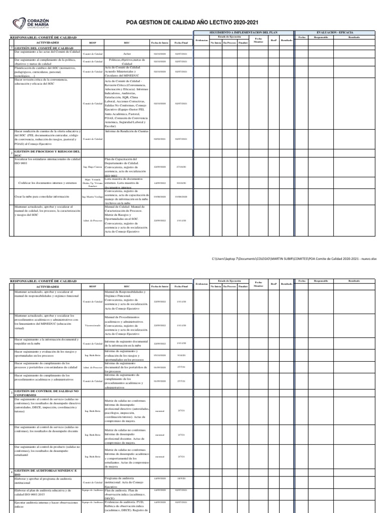 Plan de Calidad 2020-2021: Seguimiento y Gestión | PDF