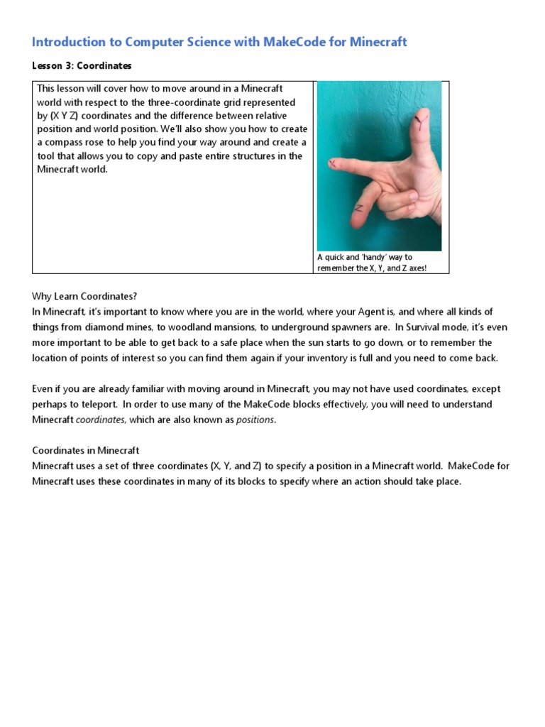 Intro To CS With MakeCode For Minecraft Lesson 3 Coordinates 2 | PDF ...