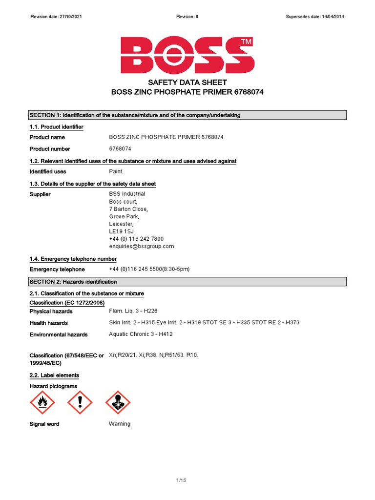 Boss Zinc Phosphate Primer Sds - 06768074 | PDF | Waste Management ...