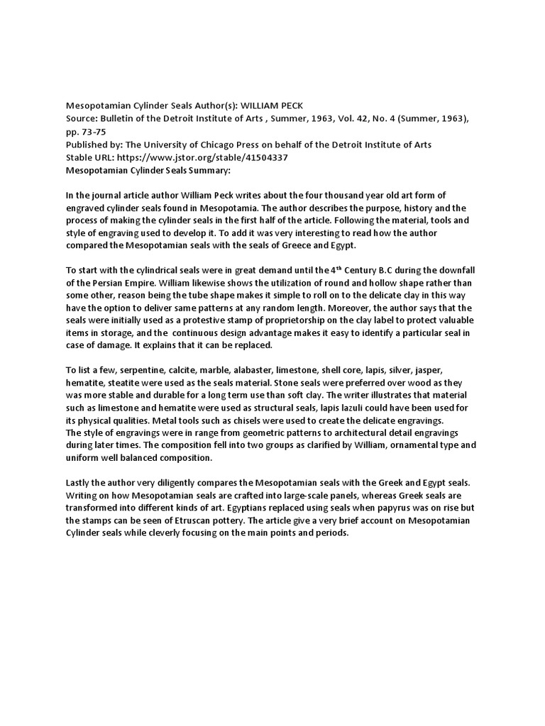 Mesopotamian Cylinder Seals Summary PDF | PDF