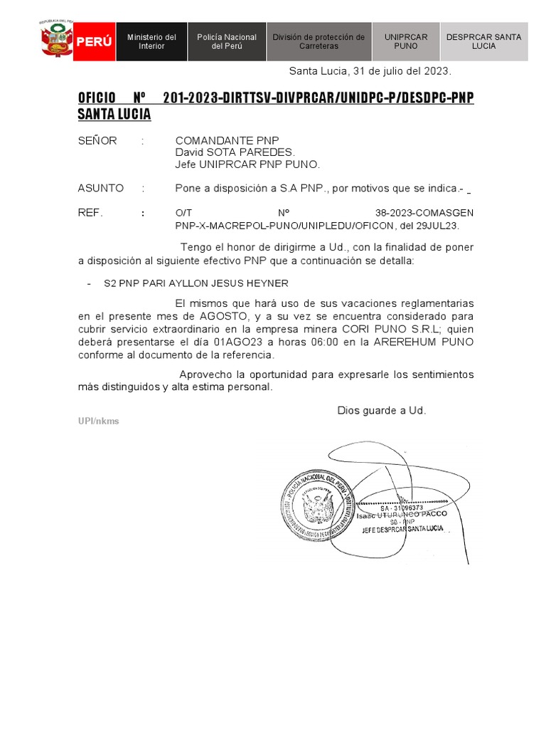 Oficio Pone A Disposicion S2 | PDF Oficio Pone A Disposicion S2 | PDF