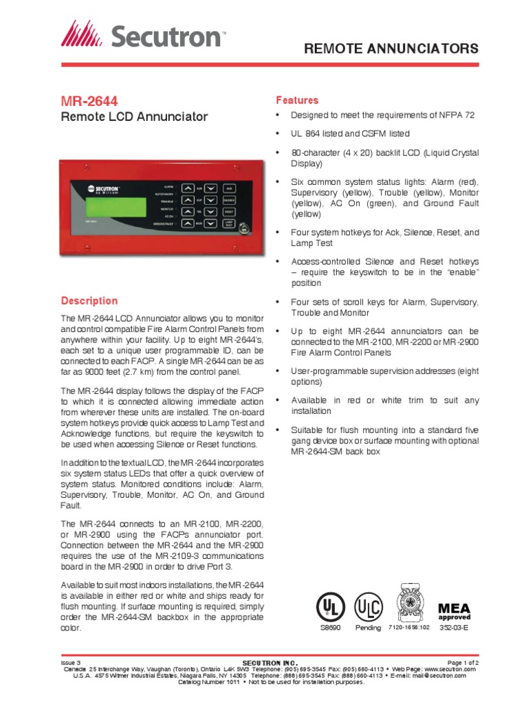 Annunciator - Secutron MR2644R | PDF | Computing | Computer Engineering