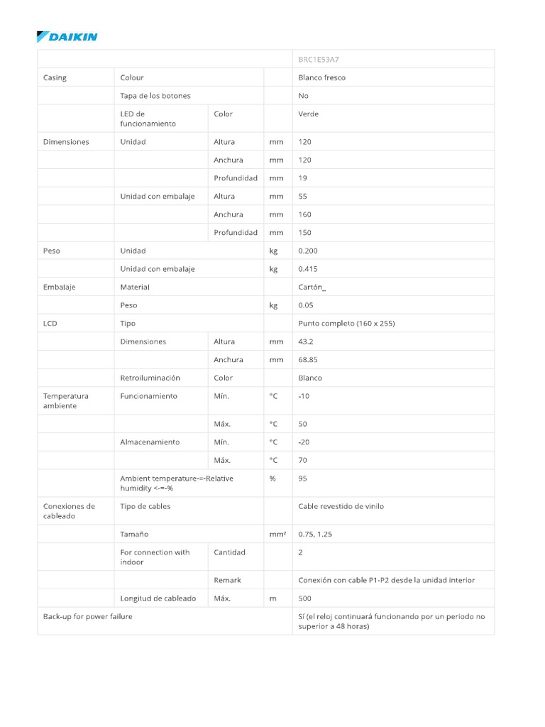 Mando Distancia Con Cable Daikin, Modelo Brc1e53a | PDF