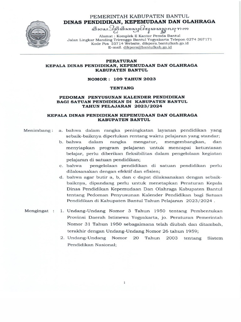 Kalender Pendidikan Dikpora Kab. Bantul 2023 - 2024 TK | PDF