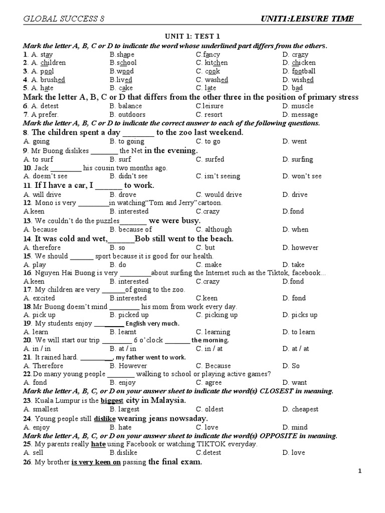 Unit 1 (Practice Test) | PDF | Hobbies