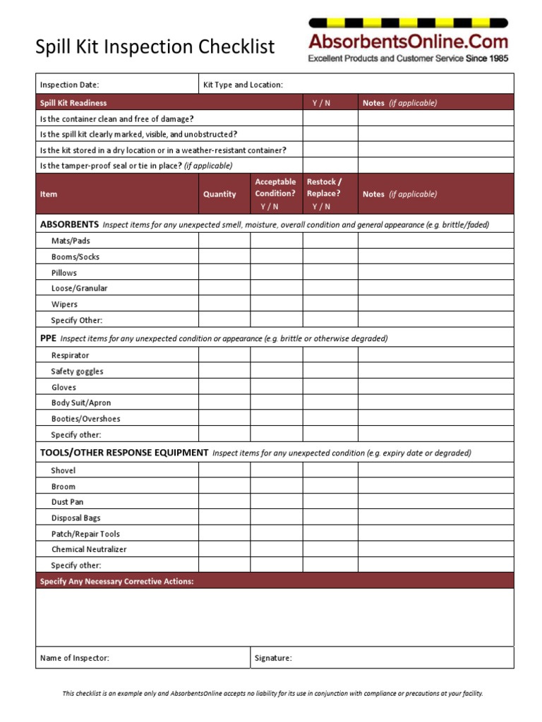 Inspection Checklist For Spill Kits | PDF