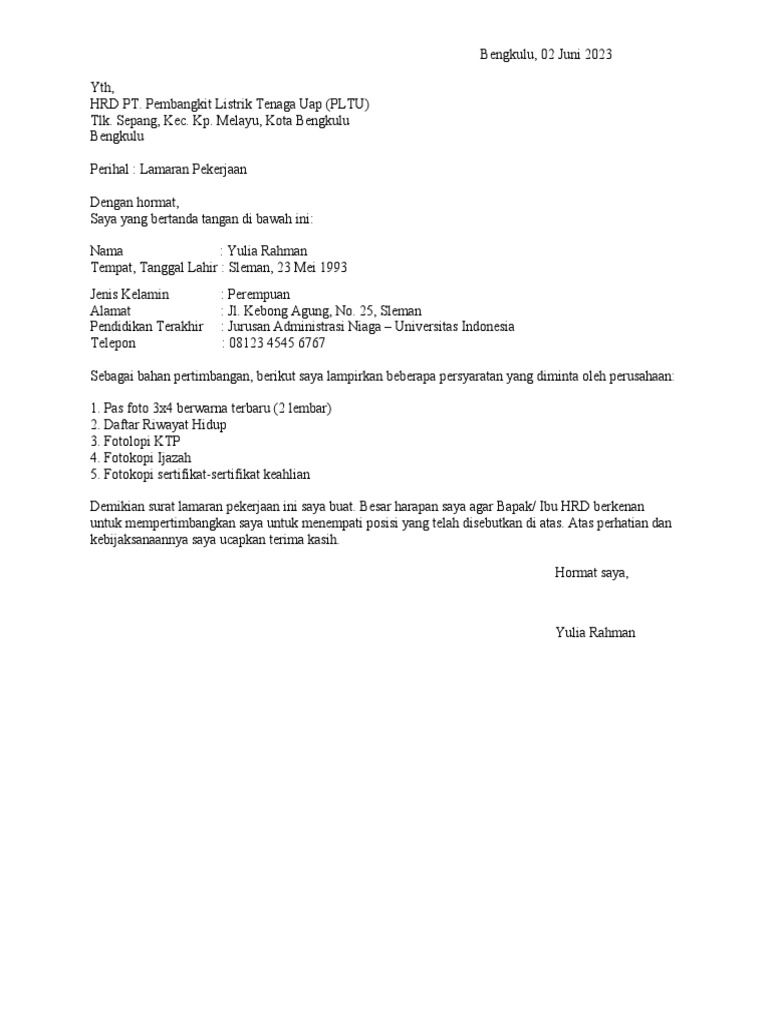 Contoh Surat Lamaran Kerja Bagian Admin | PDF