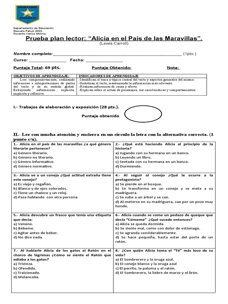 Prueba Alicia en El País de Las Maravillas | PDF | Las aventuras de ...