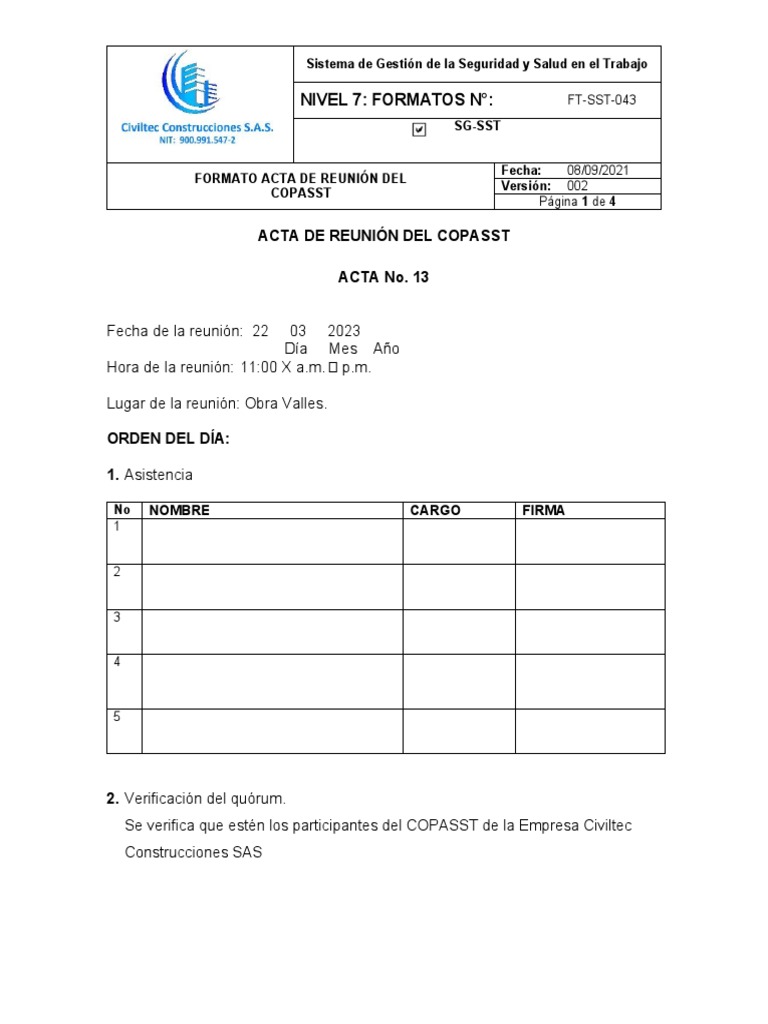 Acta COPASST: Reunión 2023-2025 | PDF