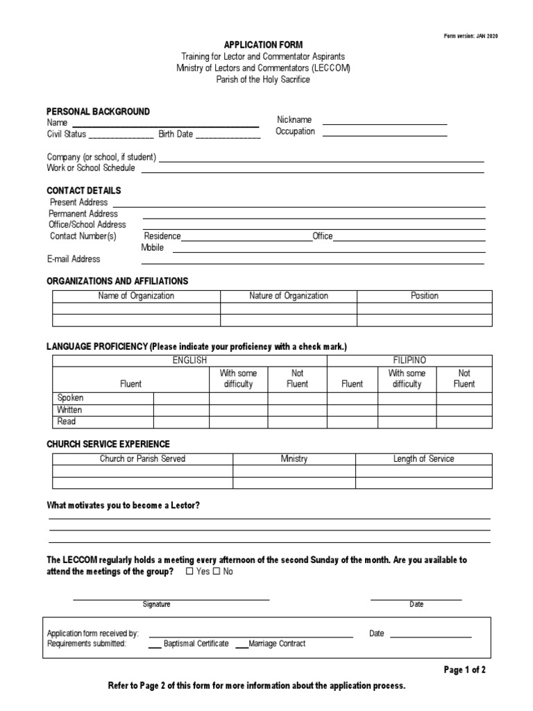 Lectors - Application Form - Rev2020 | PDF