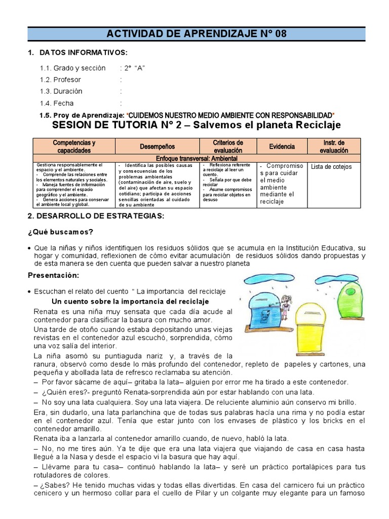 Sesion DE APRENDIZAJE Tutoria - Salvemos El Planeta | PDF | Residuos | Reciclaje