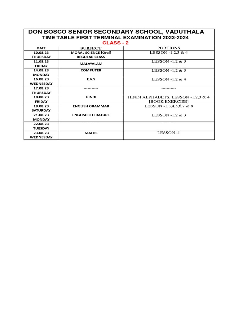 Time Table Class 2 | PDF Time Table Class 2 | PDF