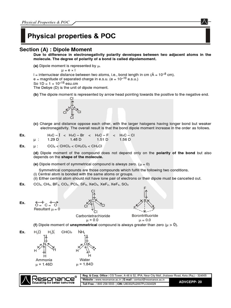 Section (A) : Dipole Moment: Physical Properties & POC | PDF ...