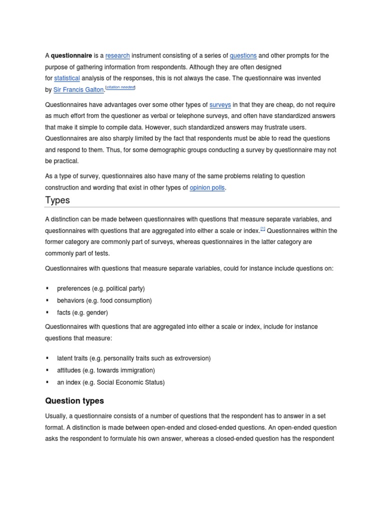 Types: Research Questions | PDF | Questionnaire | Survey Methodology