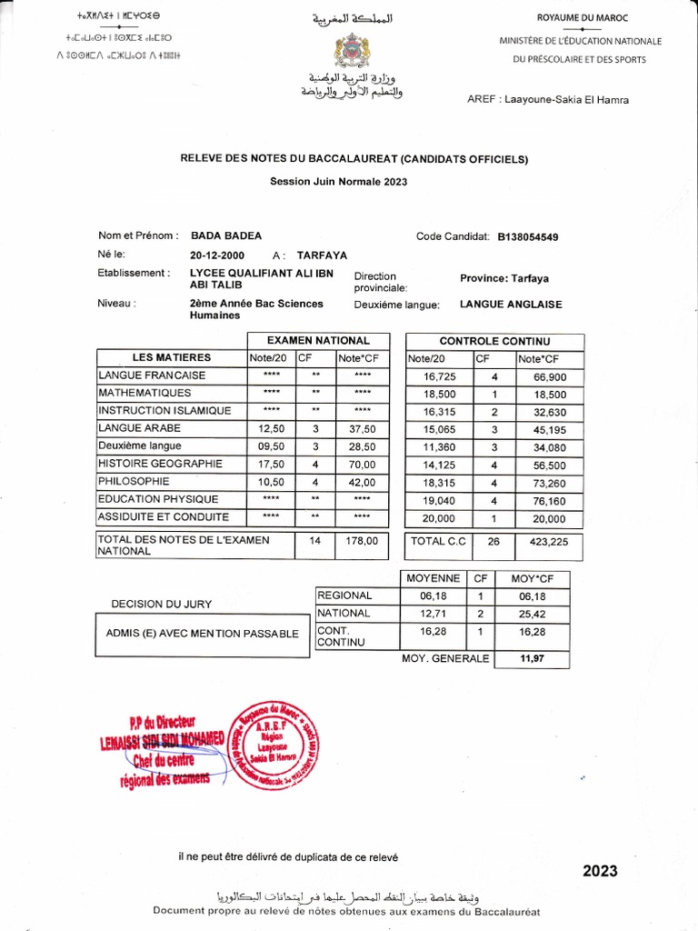 Relevé de Notes Bac 2023 Maroc | PDF | Écoles | Enseignement professionnel