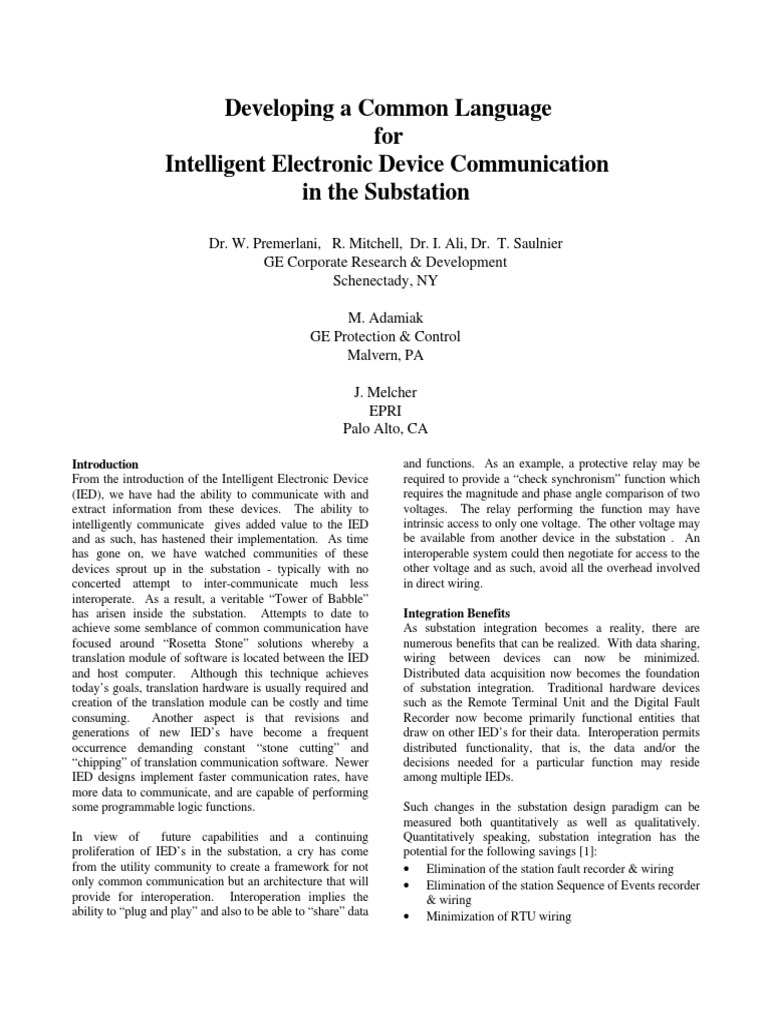 Developing A Common Language For Ied Communications In The S Pdf Class Computer Programming