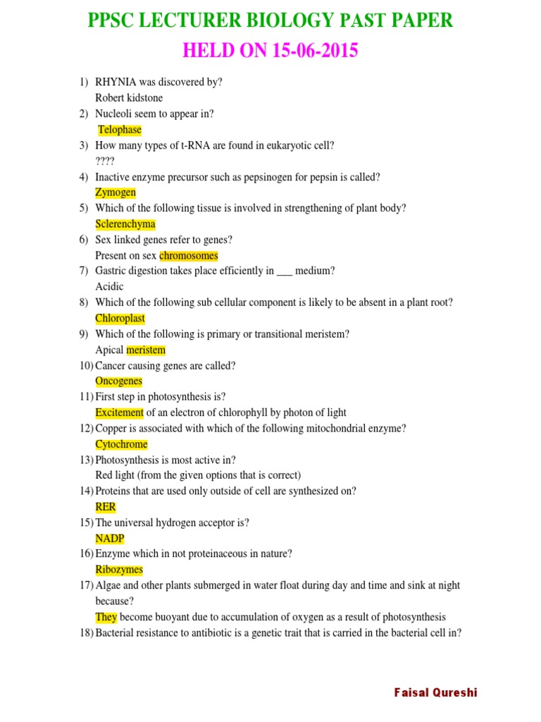 PPSC Past Paper Lecturer Papaer Biology 15!06!2015 | PDF ...