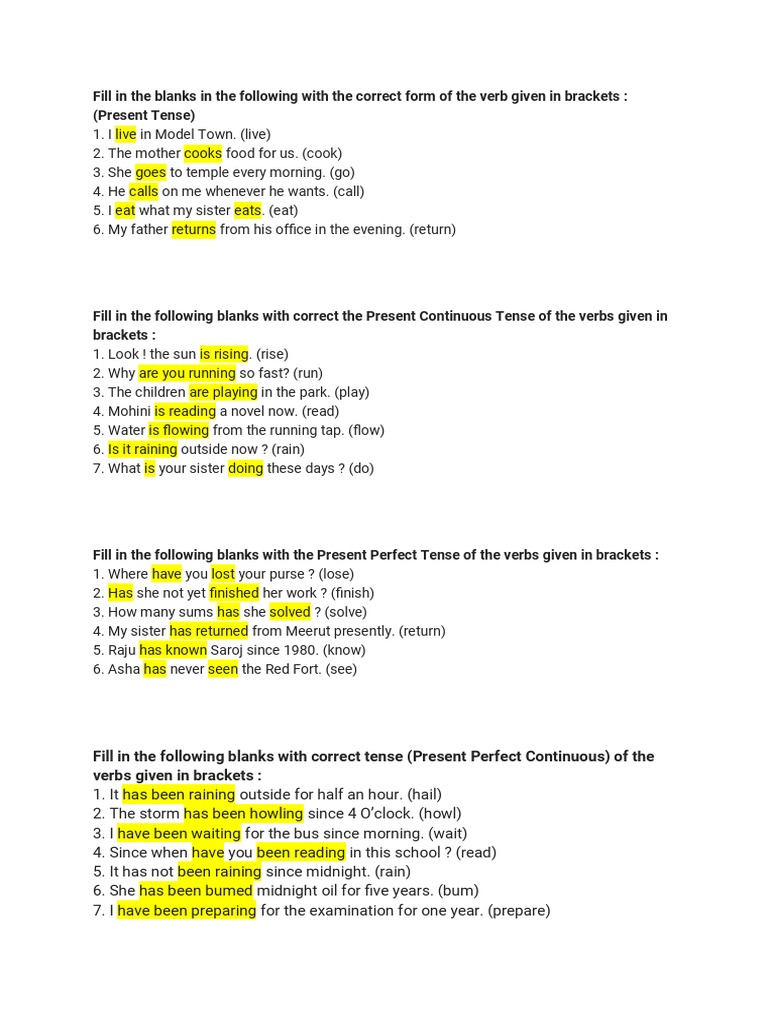 Give the correct form or tense of the verbs in brackets - English ...