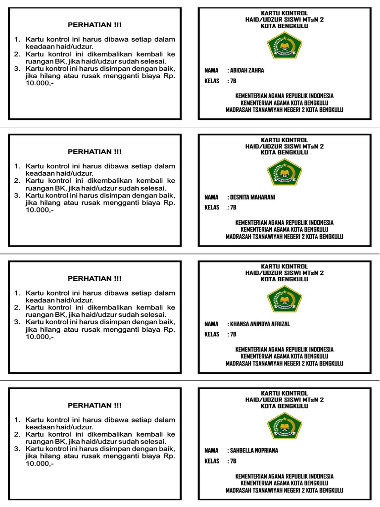 Kartu Kontrol Haid Kls 7B | PDF