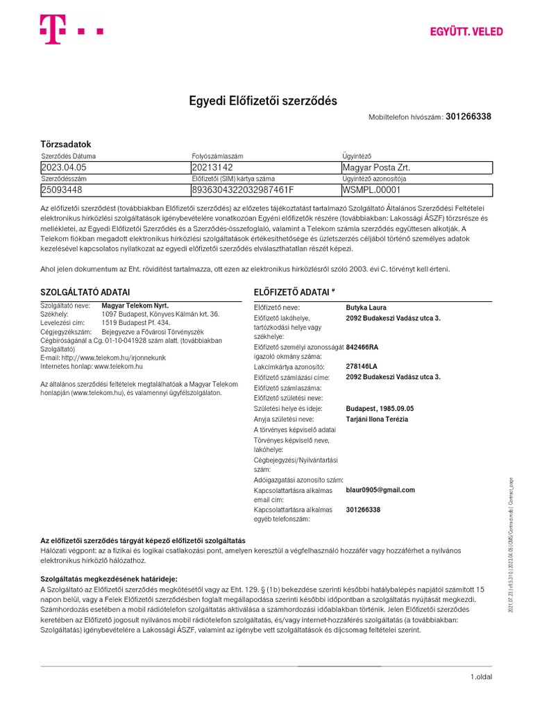 Egyedi Elõfizetõi Szerzõdés | PDF