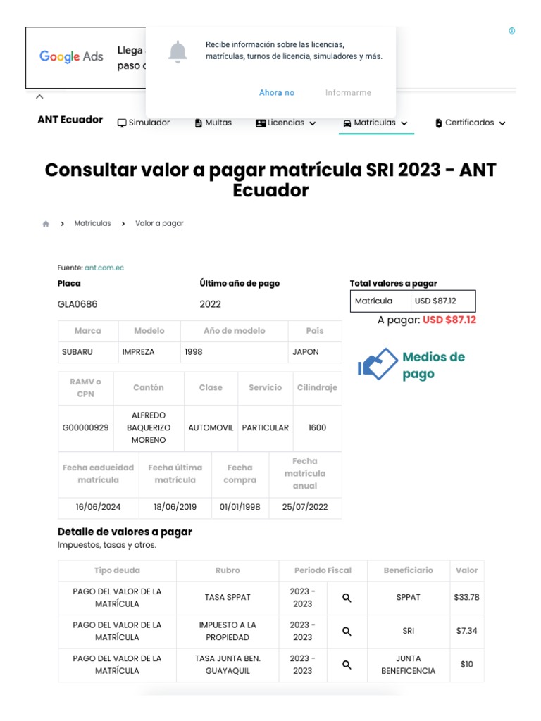 Consultar Valor A Pagar Matrícula SRI 2023 - ANT Ecuador | PDF | Economias