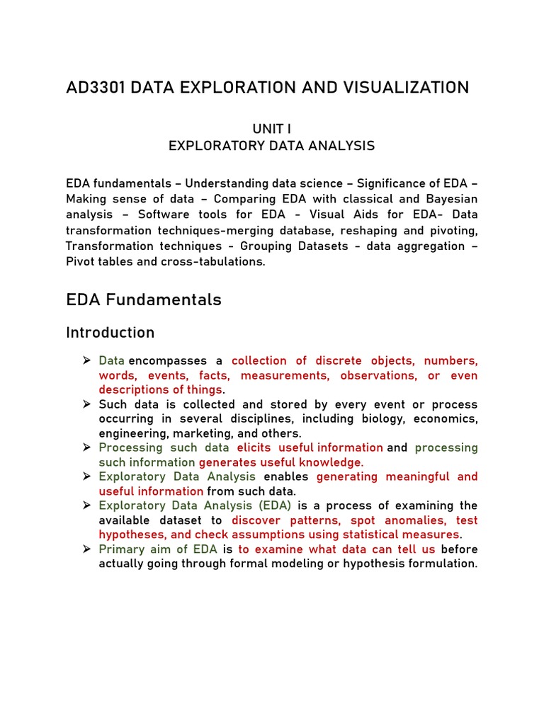 Unit I - Part I Notes | PDF | Data Analysis | Statistics
