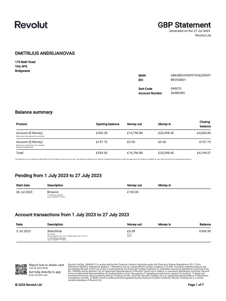 Revolut GBP Statement Summary | PDF