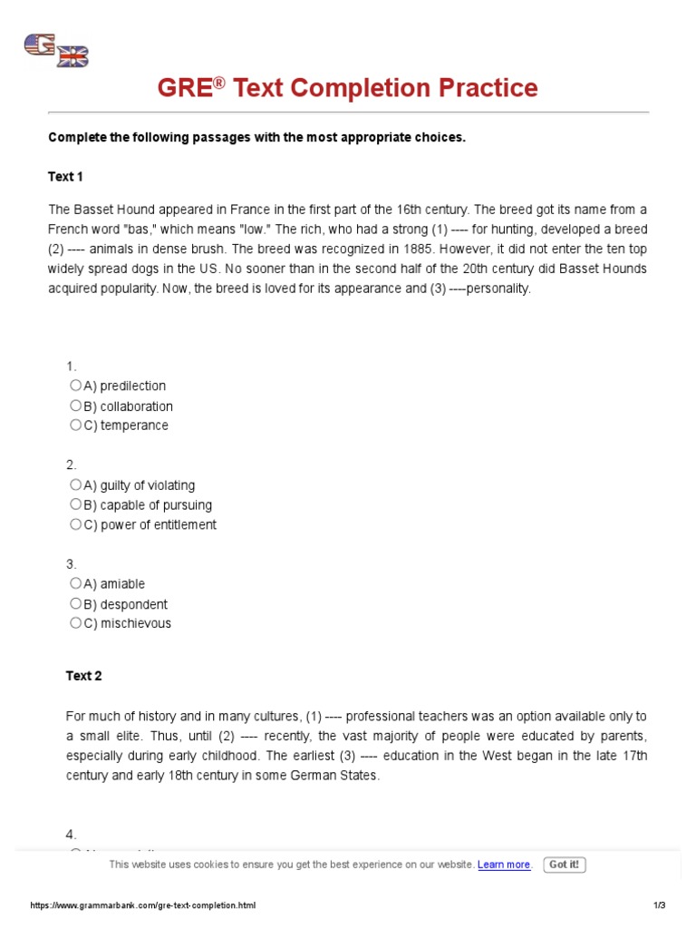 GRE Text Completion Practice Questions | PDF | Dogs | Breeds