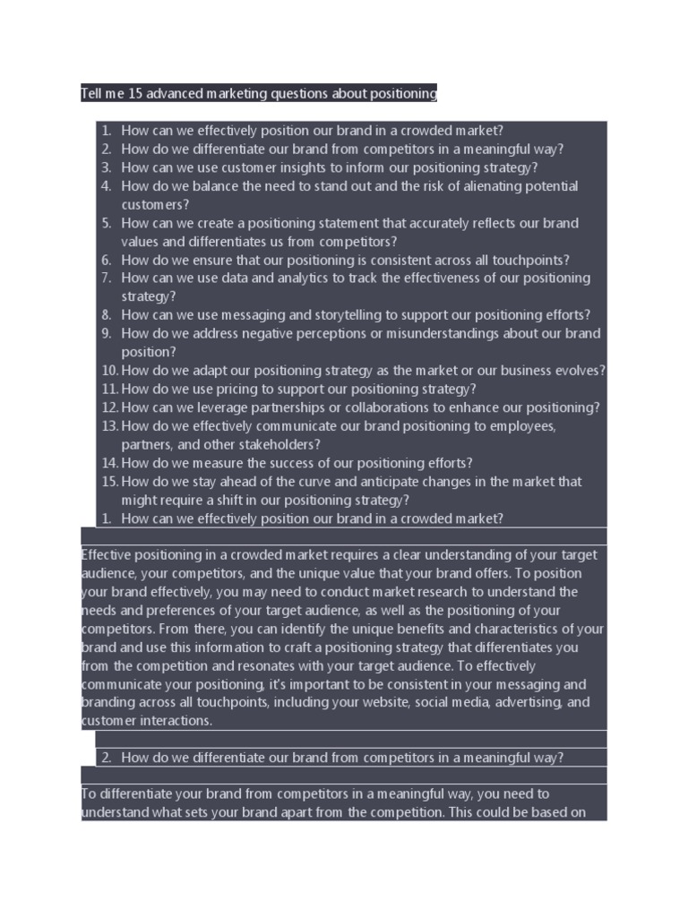 Tell Me 15 Advanced Marketing Questions About Positioning | PDF