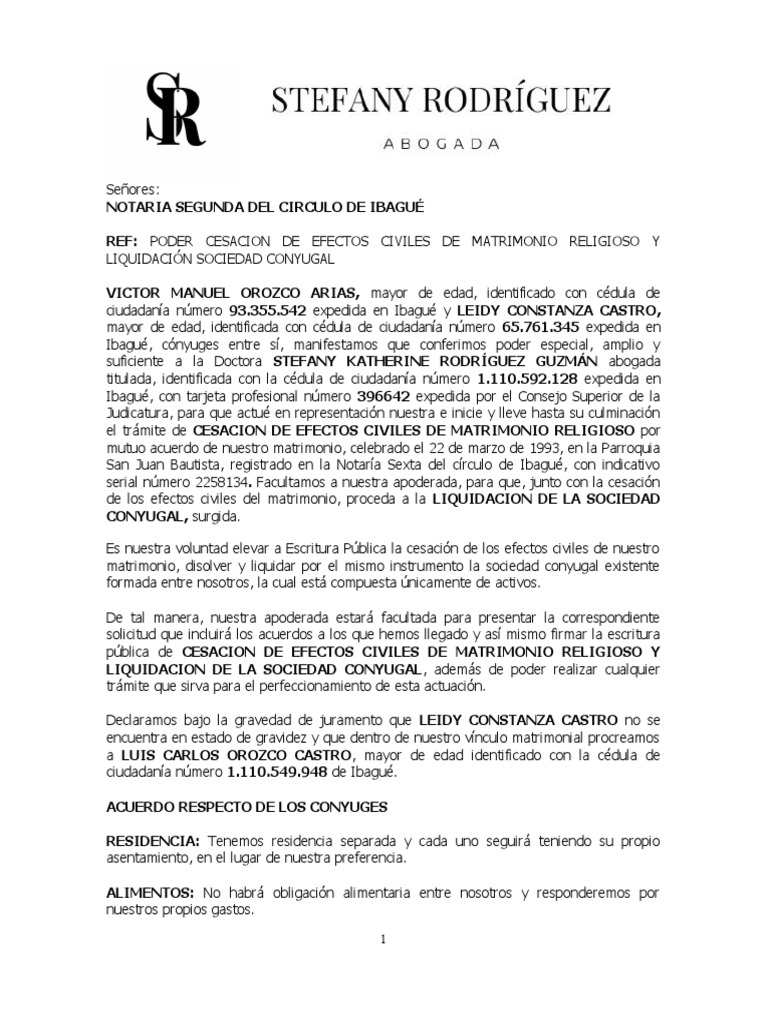 Poder Cesacion Efectos Civiles Leidy Constanza Castro y Victor Manuel Orozco Arias | PDF ...