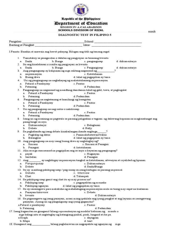 Diagnostic Test in Filipino 5 | PDF