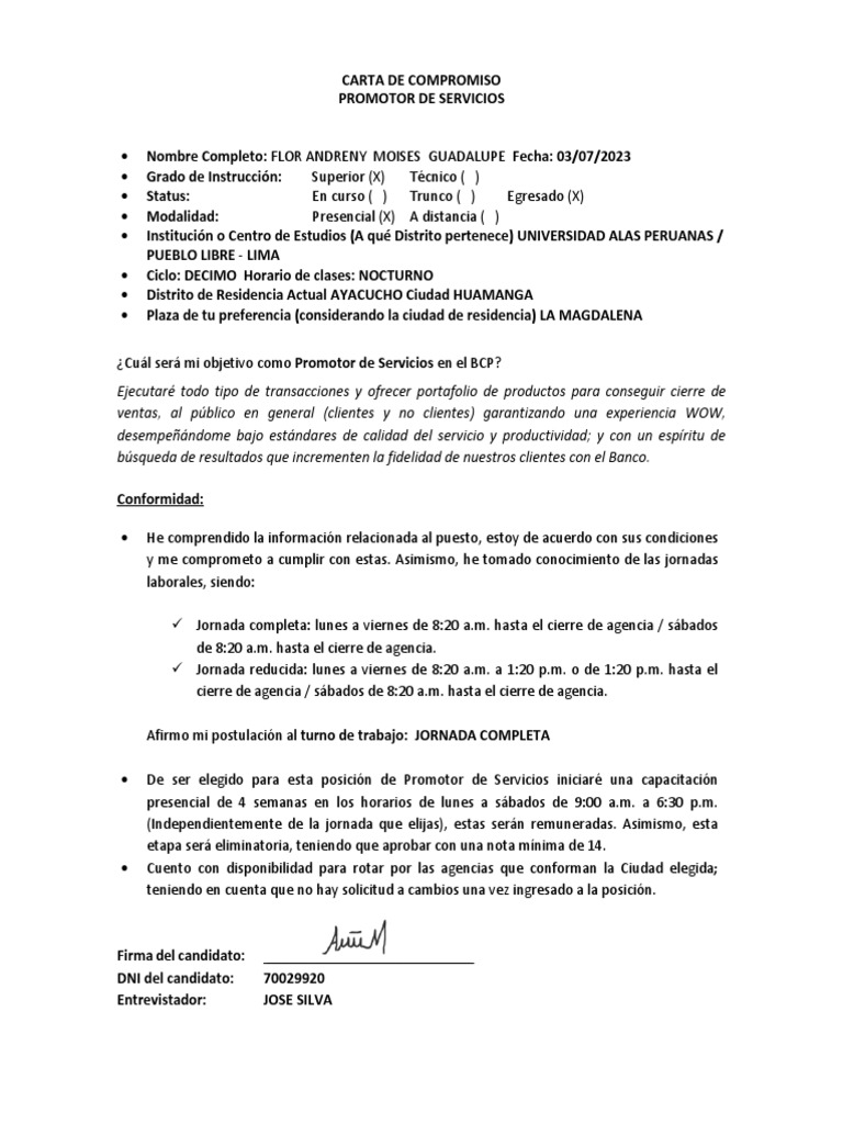Carta de Compromiso BCP | PDF