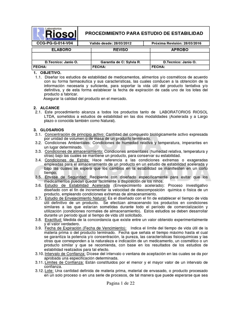 PROCEDIMIENTO PARA ESTUDIO DE ESTABILIDAD (Riosol) | PDF | Medicamentos ...