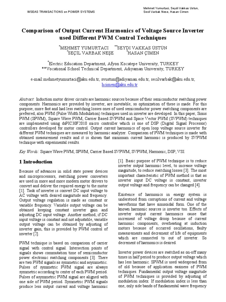Comparison of Output Current Harmonics of Voltage Source Inverter Used Different PWM Control ...