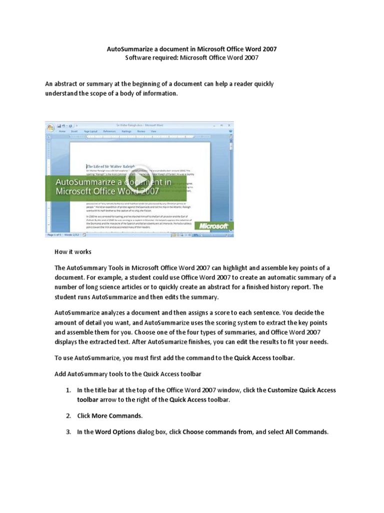 Auto Summarize A Document in Microsoft Office Word 2007 | PDF | Dialog ...