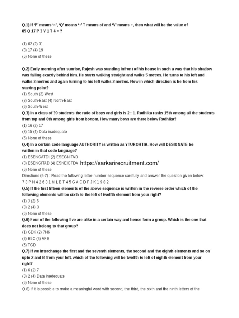 Reasoning & Aptitude Sample Questions | PDF