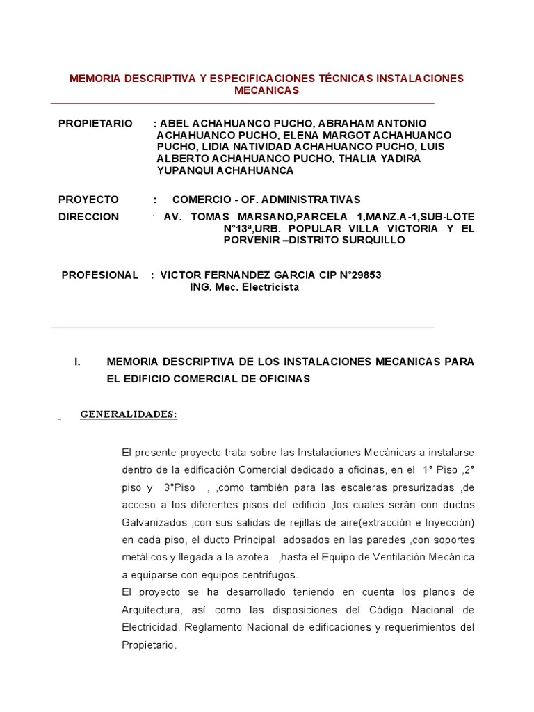 Memoria Instalaciones Mecanicas - Edificio | PDF