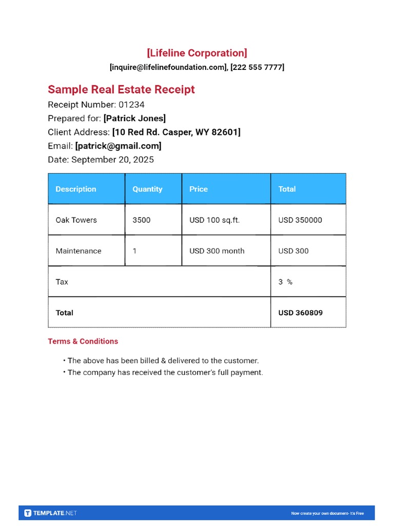 Sample Real Estate Receipt Template | PDF
