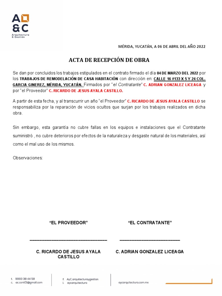 Acta Recepcion | PDF